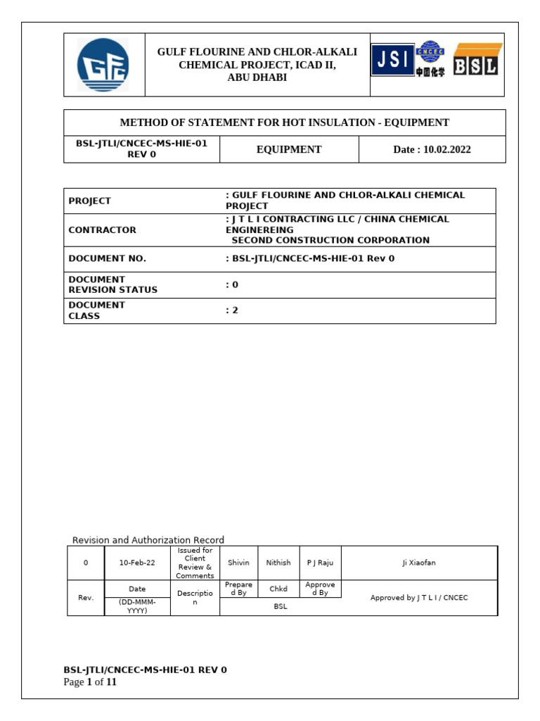 Method of Statement For Hot Insulation Works Equipment Rev 0 | PDF | Personal Protective ...