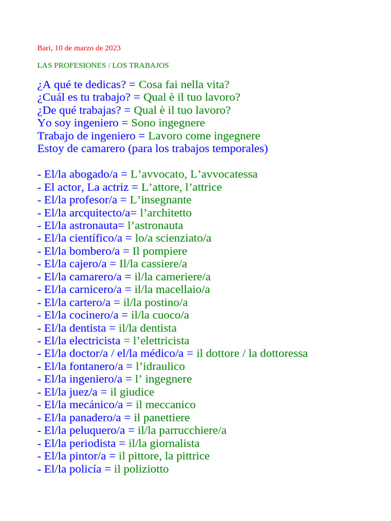 Vocabulario de profesiones en español | PDF