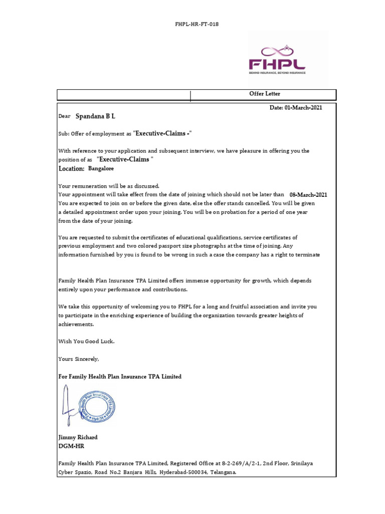 FHPL Offer Letter | PDF