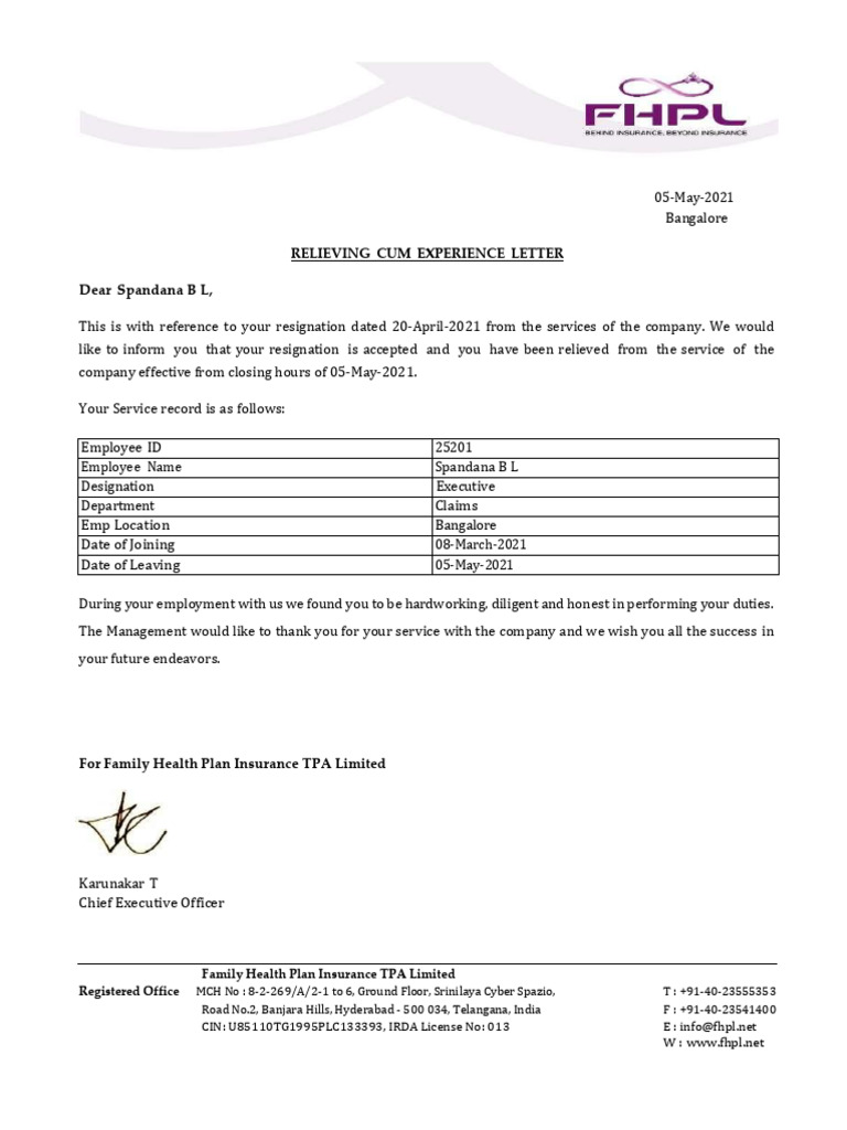 FHPL Relieving Letter | PDF