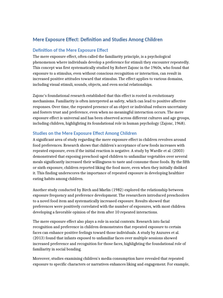 Mere Exposure Effect Studies Children | PDF | Psychology | Learning