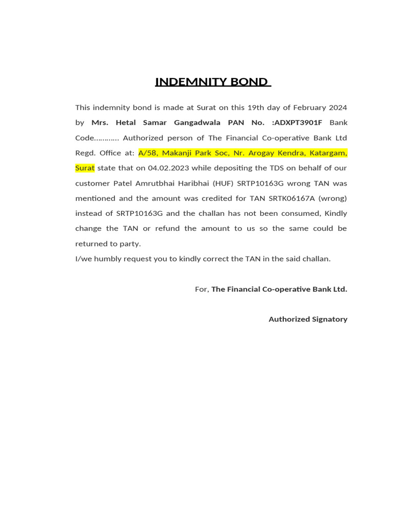 Indemnity Bond for TAN Correction | PDF