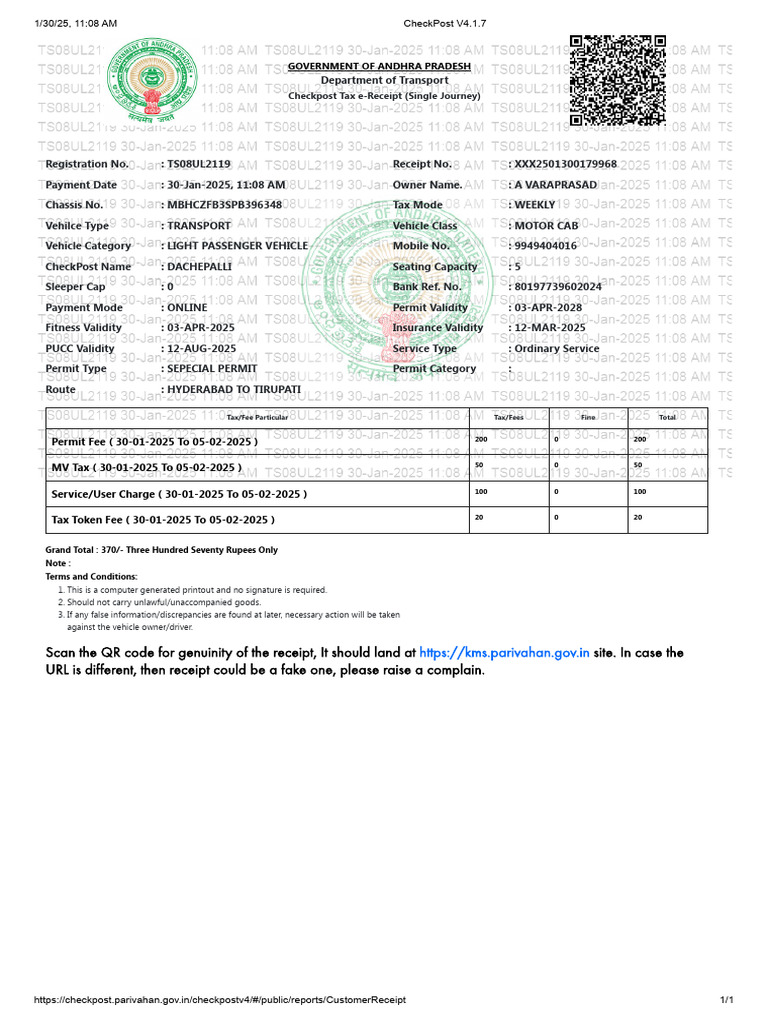Andhra Pradesh Checkpost Tax Receipt | PDF | Transport | Vehicles