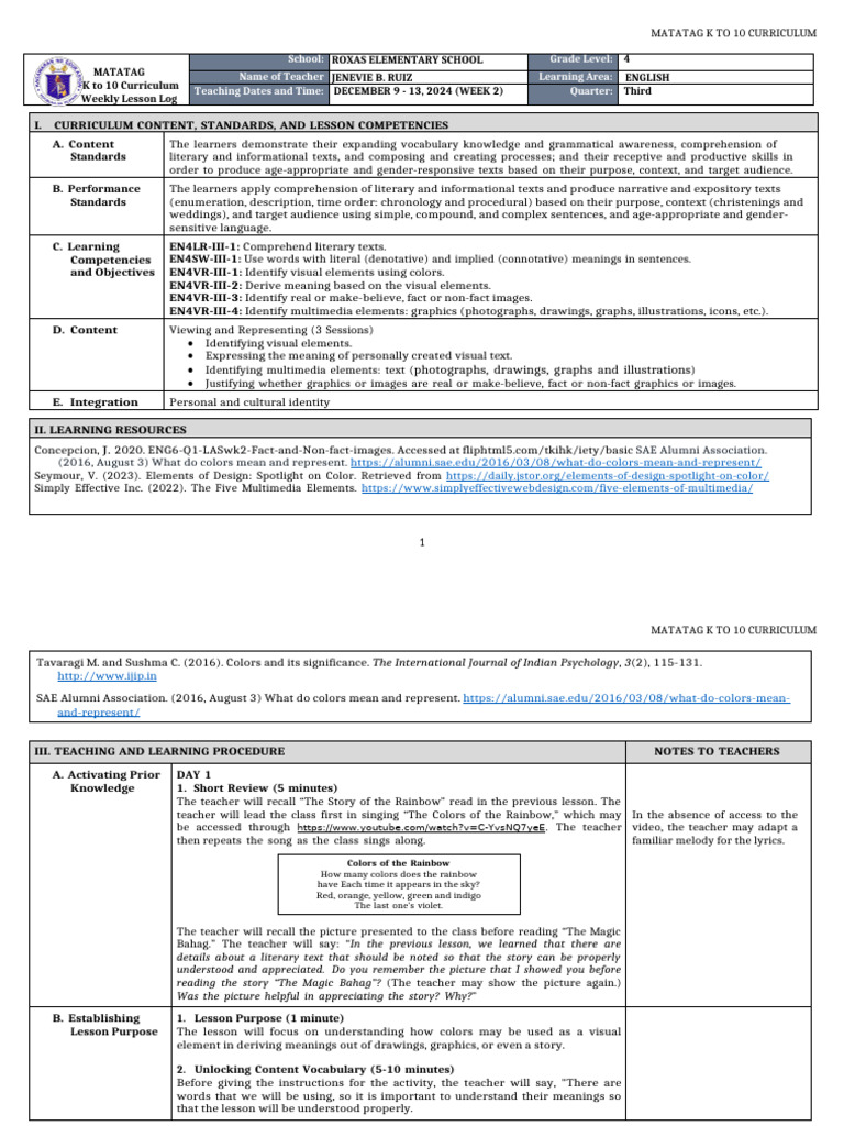 DLL Matatag - English 4 Q3 W2 | PDF | Human Communication | Cognition