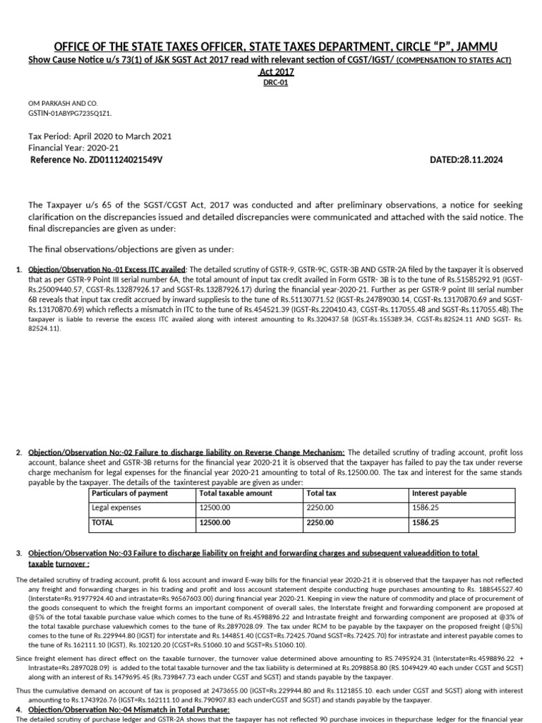 Om Parkash and Co DRC-01 2020.21 | PDF | Taxes | Expense