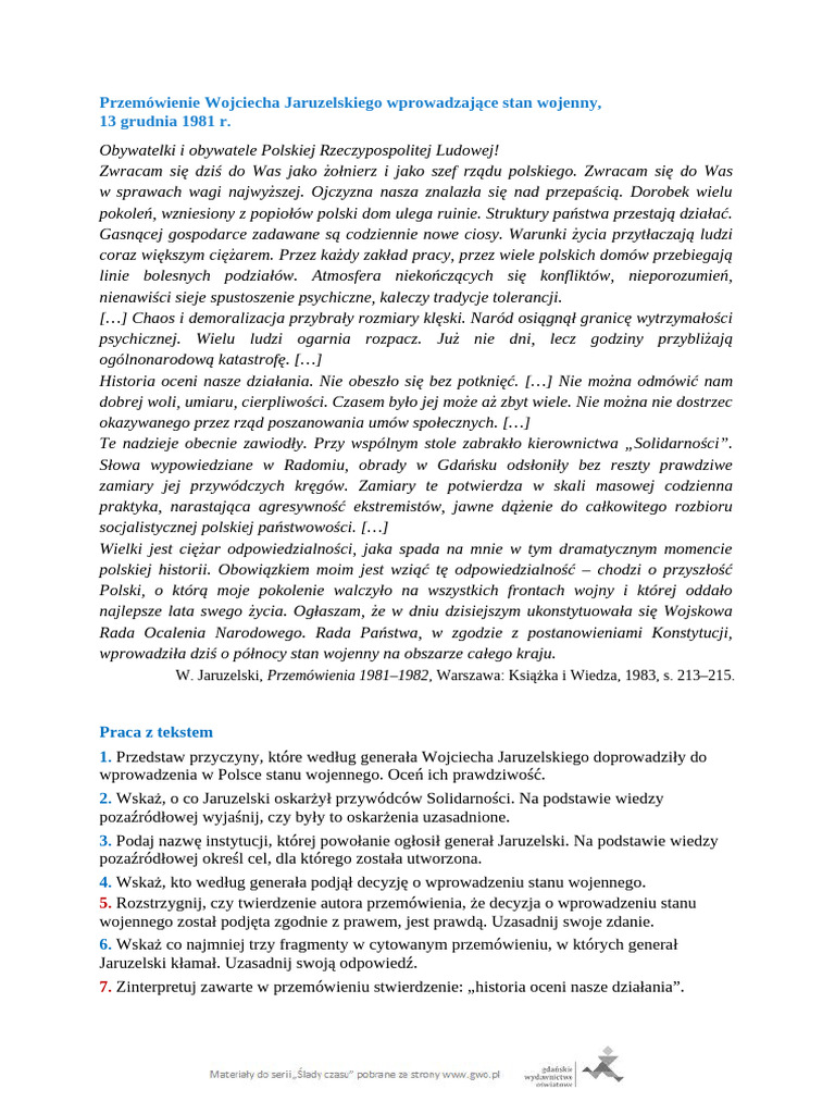Rozdzial 27 Praca Z Tekstem Przemowienie Wojciecha Jaruzelskiego 1981 ...