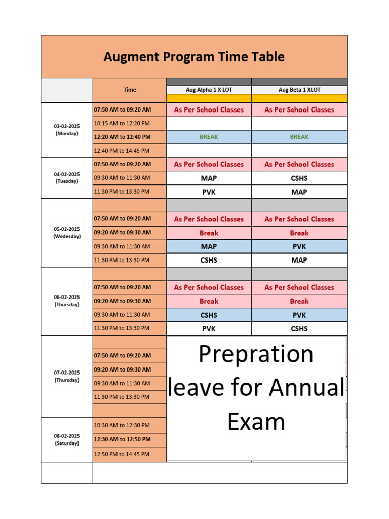 Augment Time Table 03-02-2025 - 10-02-2025 | PDF