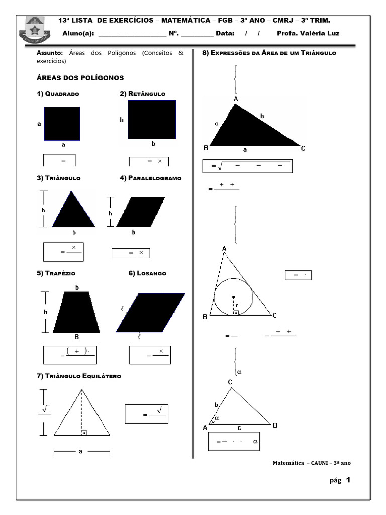 Lista 13 - Area Dos Poligonos - FGB - 3º Trim - 2024 | PDF | Triângulo | Geometria Elementar