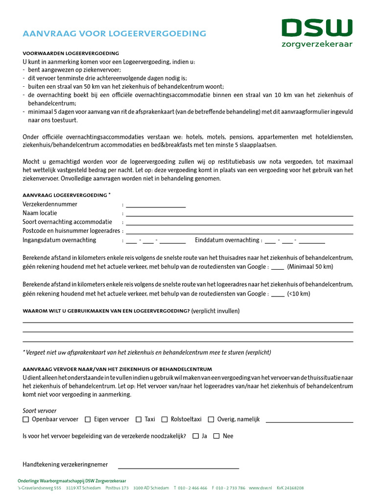Aanvraagformulier Logeervergoeding DSW | PDF