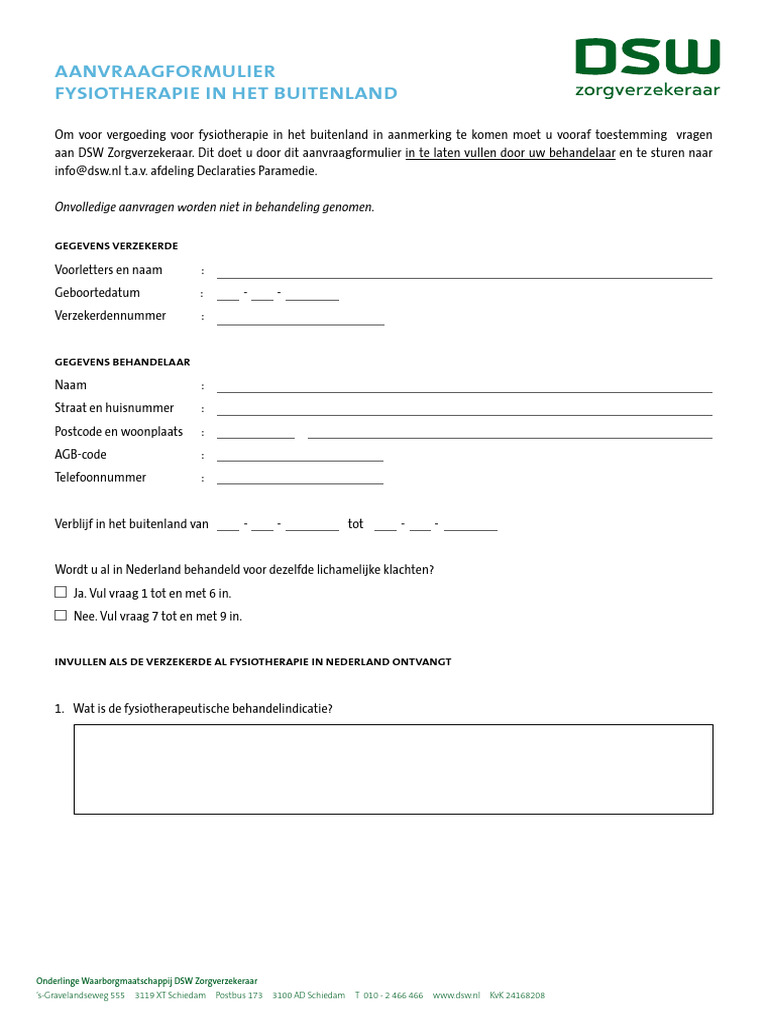 Aanvraagformulier Fysiotherapie Buitenland DSW | PDF