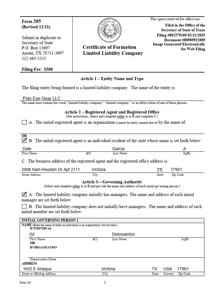 Certificate of Formation - Limited Liability Company | PDF | Registered ...
