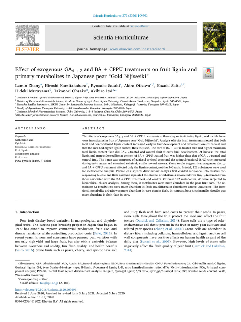 Effect Of Exogenous Ga4 7 And Ba Cppu Treatments On Fruit Lignin And