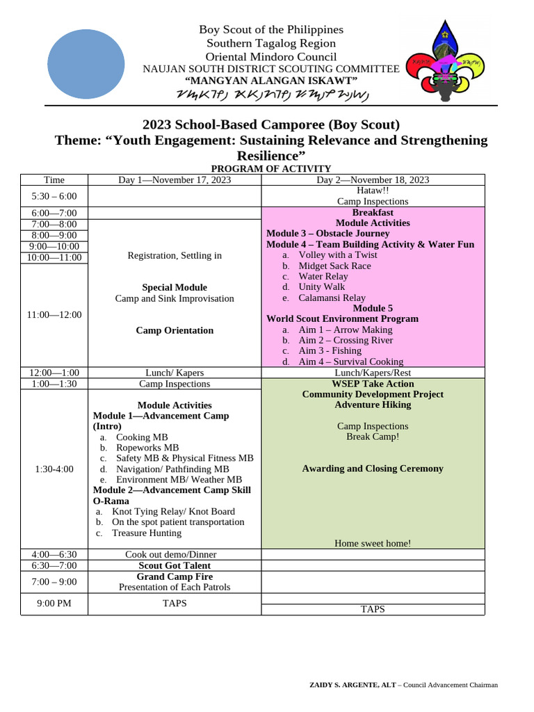 2023 BSP School Based Cluster Based Advancement Camp Suggested ...