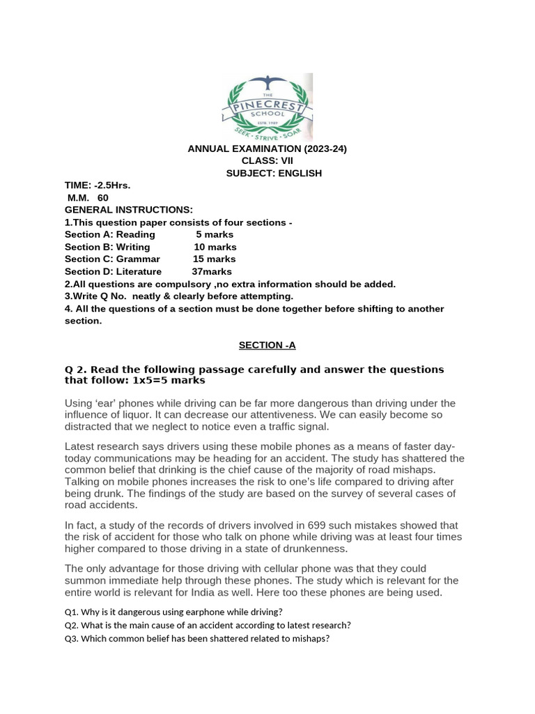 7th Eng Ann.Q.P. | PDF