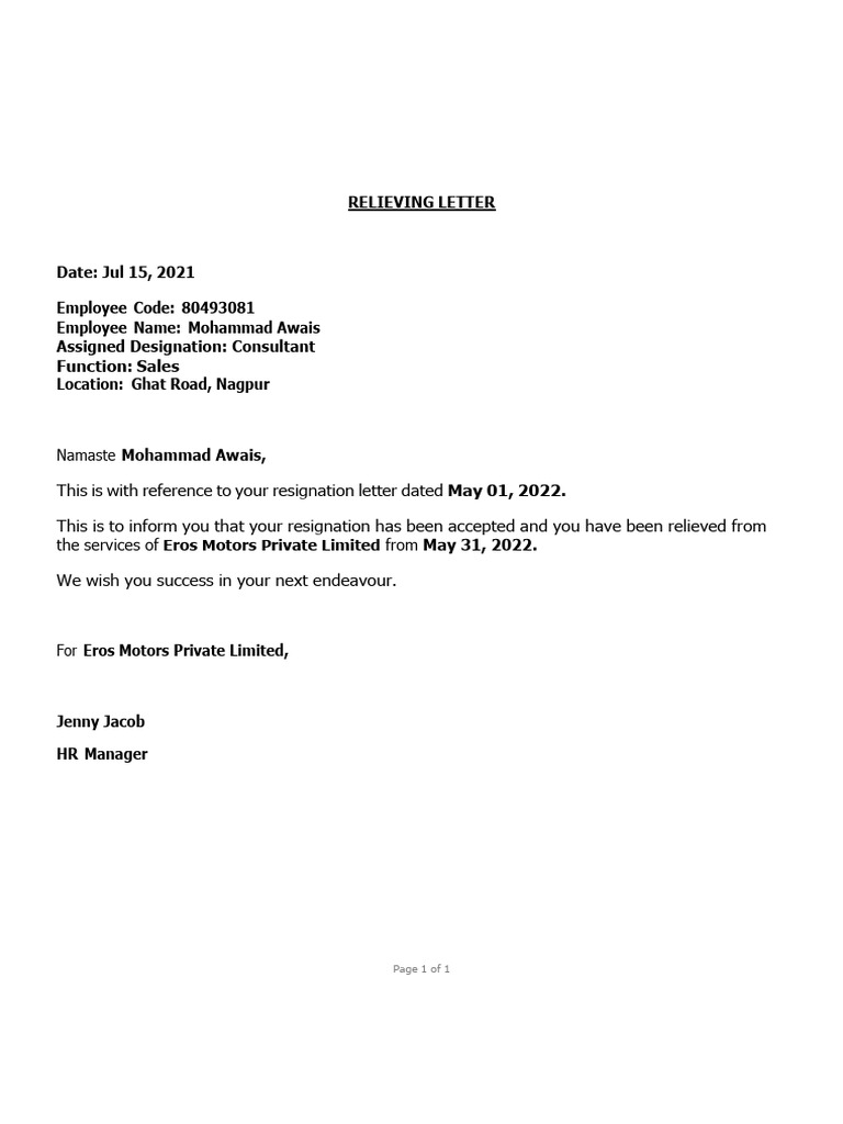Eros - Relieving Letter | PDF