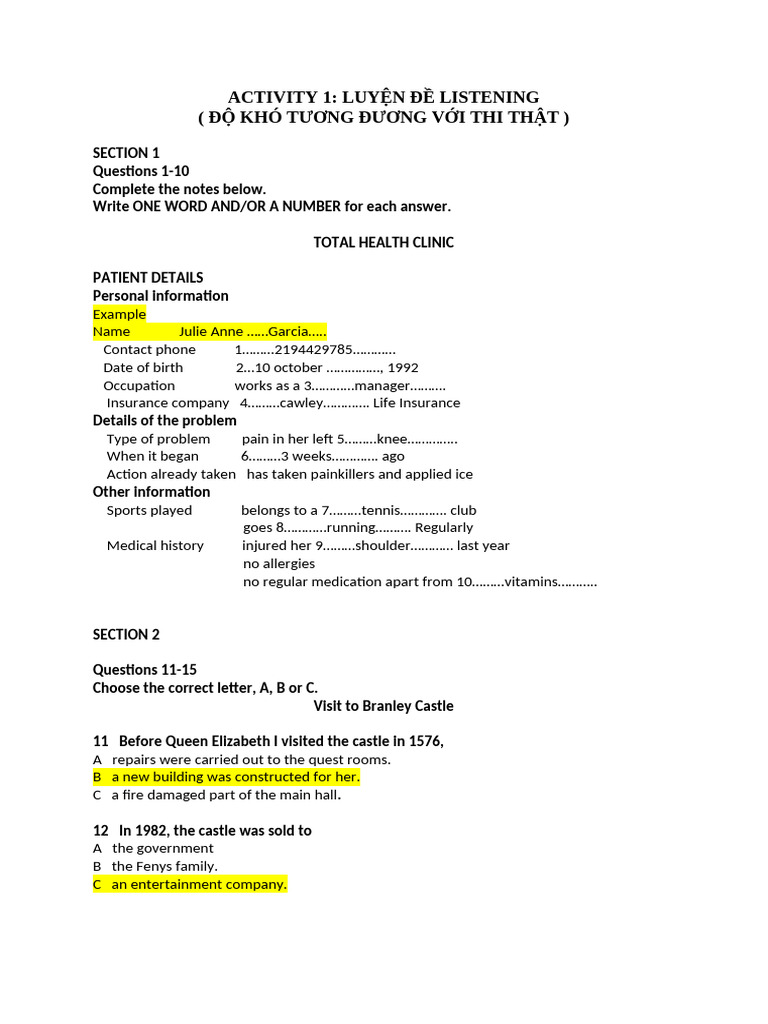Listening Practice: Health Clinic & Castle Visit | PDF