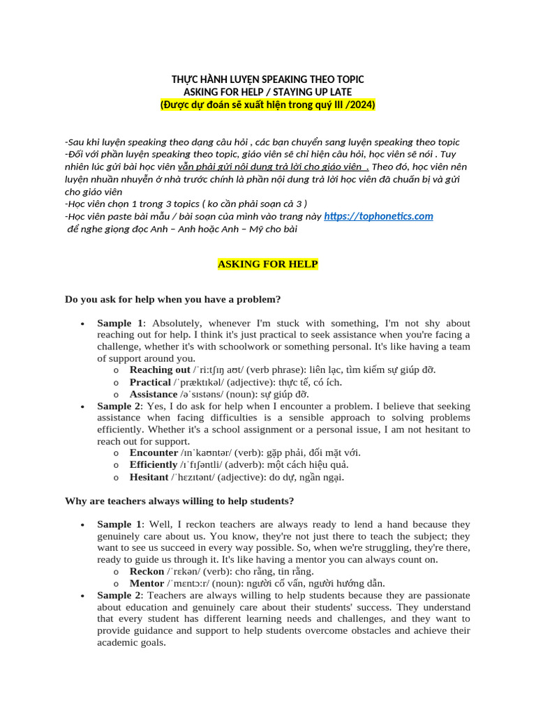 Speaking Practice: Asking for Help & Staying Up Late | PDF | Verb ...