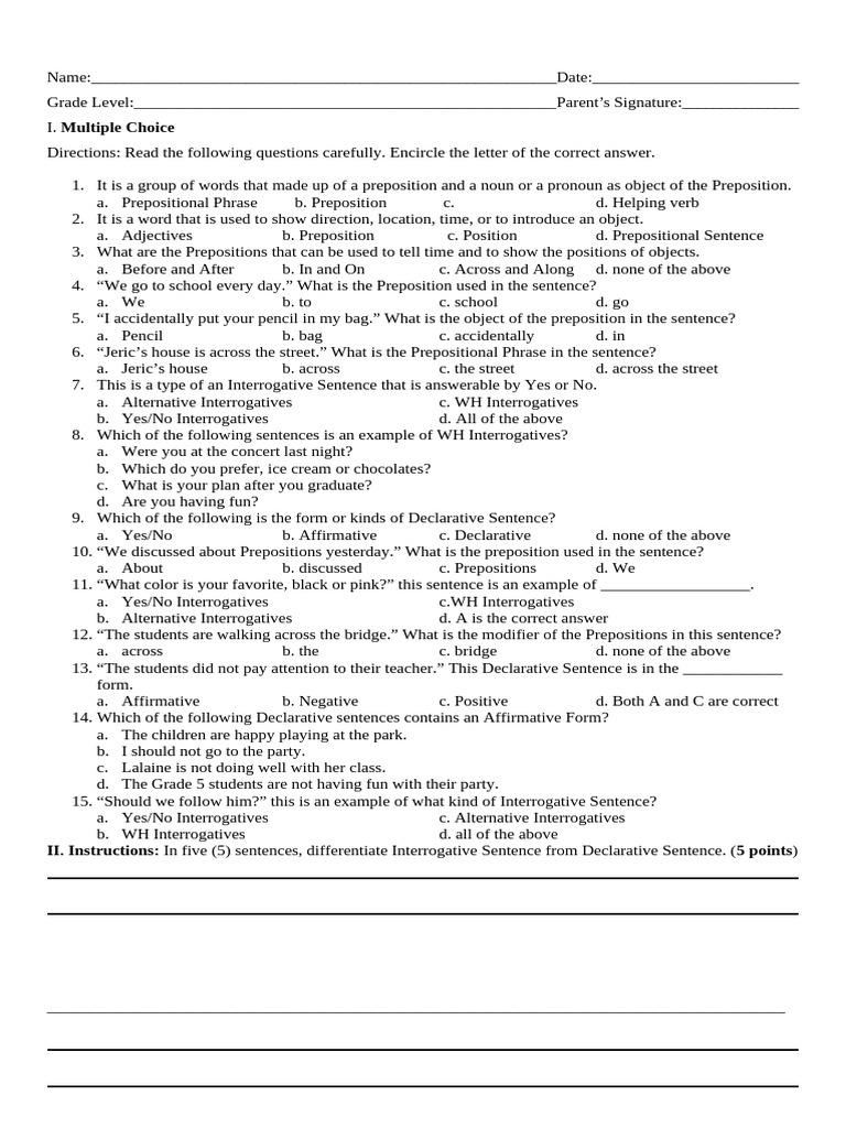 Third Mastery Exam - English 5 | PDF | Linguistics | Syntax