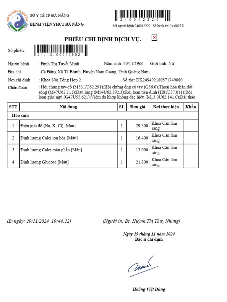 Phiếu Chỉ Định Dịch Vụ: Bệnh Viện Yhct Đà Nẵng | PDF