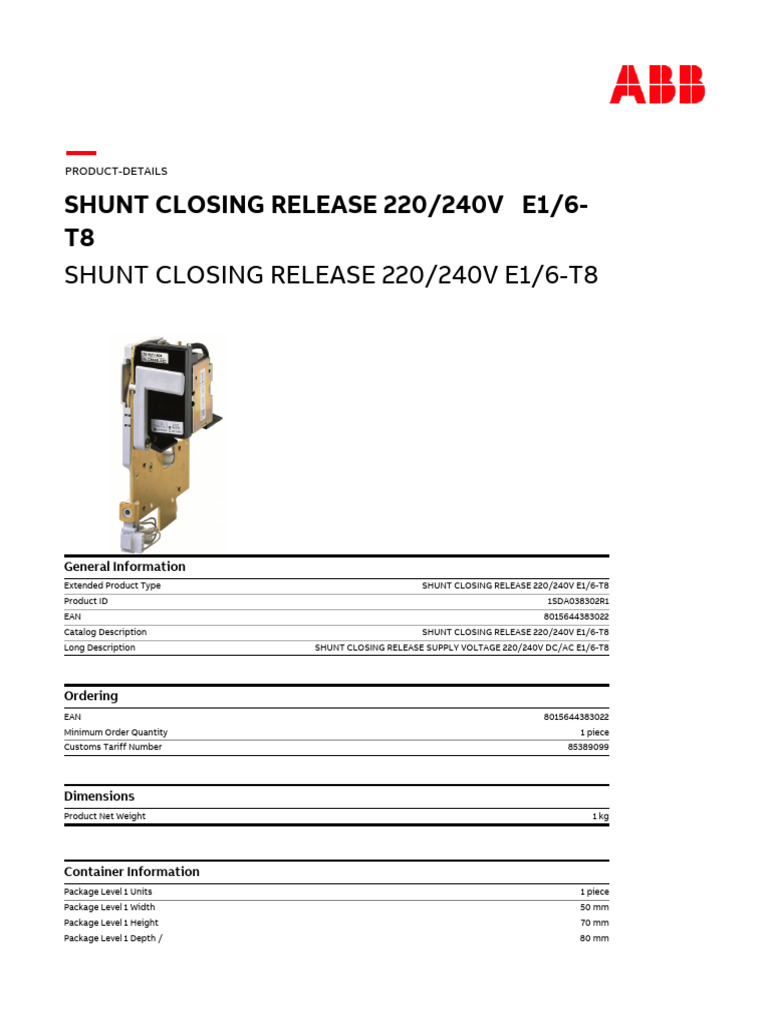 1SDA038302R1 Shunt Closing Release 220 240v E1 6 t8 | PDF | Electrical ...