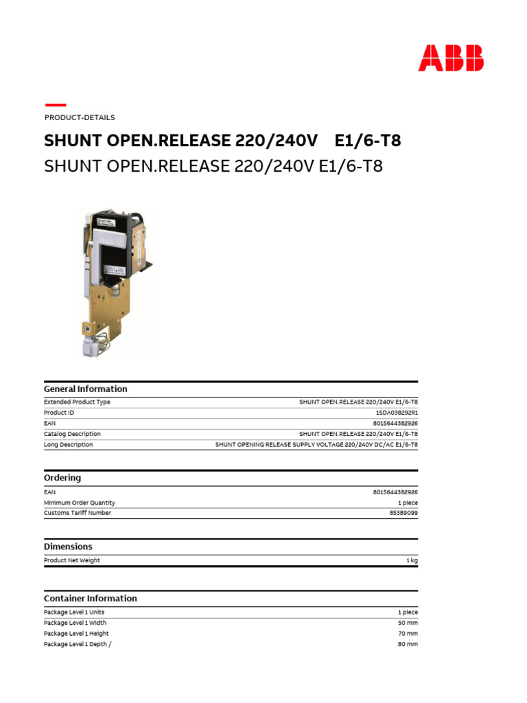 1SDA038292R1 Shunt Open Release 220 240v E1 6 t8 | PDF | Manufactured ...