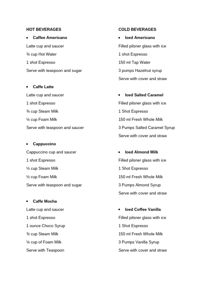 Coffee Drink Guide for Baristas | PDF