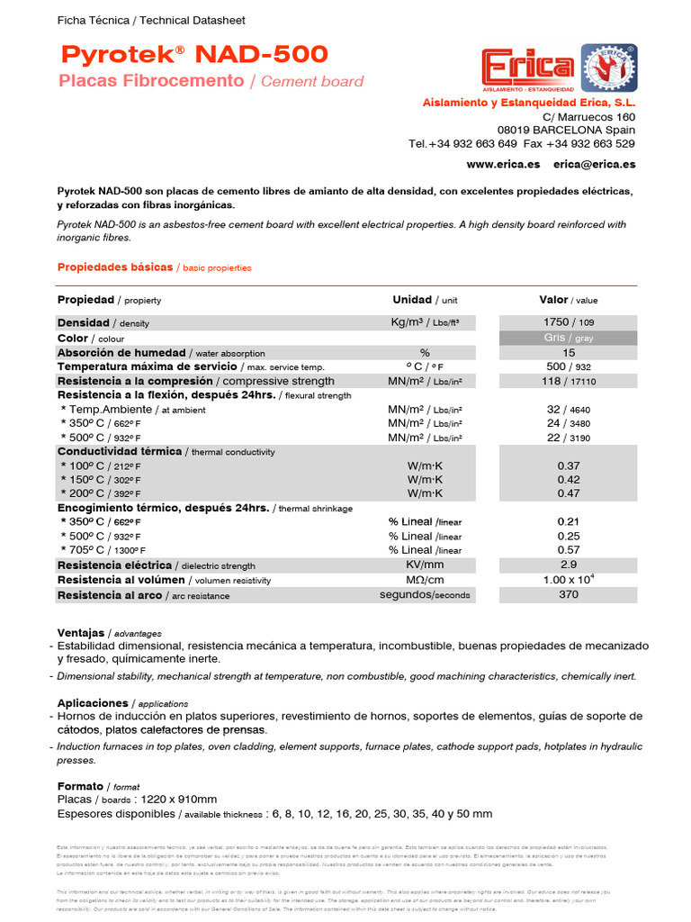Pyrotek Nad 500 Erica | PDF | Materiales | Cantidades fisicas