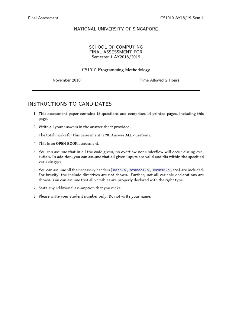 CS1010 Final Exam 2018/29 | PDF | Pointer (Computer Programming ...