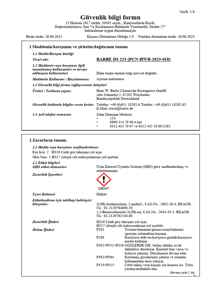 3 SDS - HWB - BARBE - DS - 213 - (PCN HWB 2023 018) (Ed 1 - 0) (Lang TR) (Reg GHS TR) | PDF