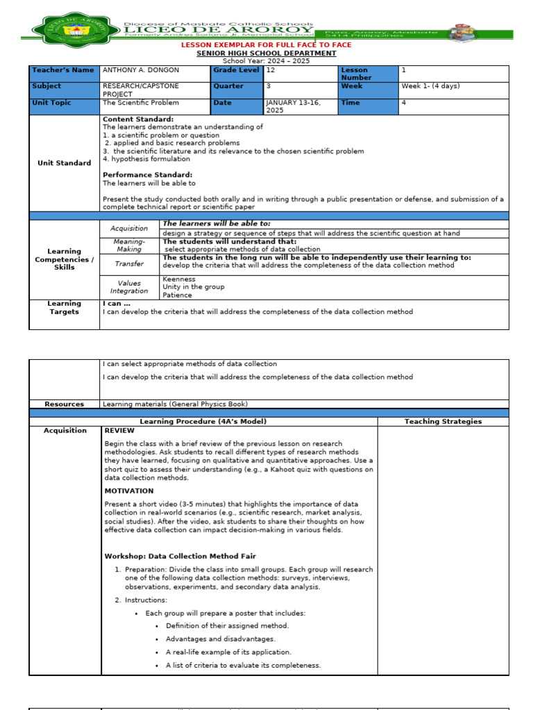 Grade 12 Research Lesson Plan | PDF | Methodology | Learning