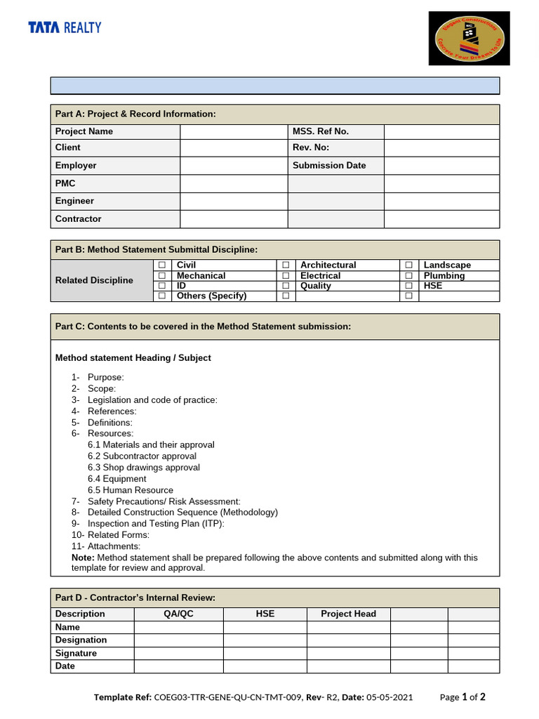 Method Statement Submittal - MSS | PDF