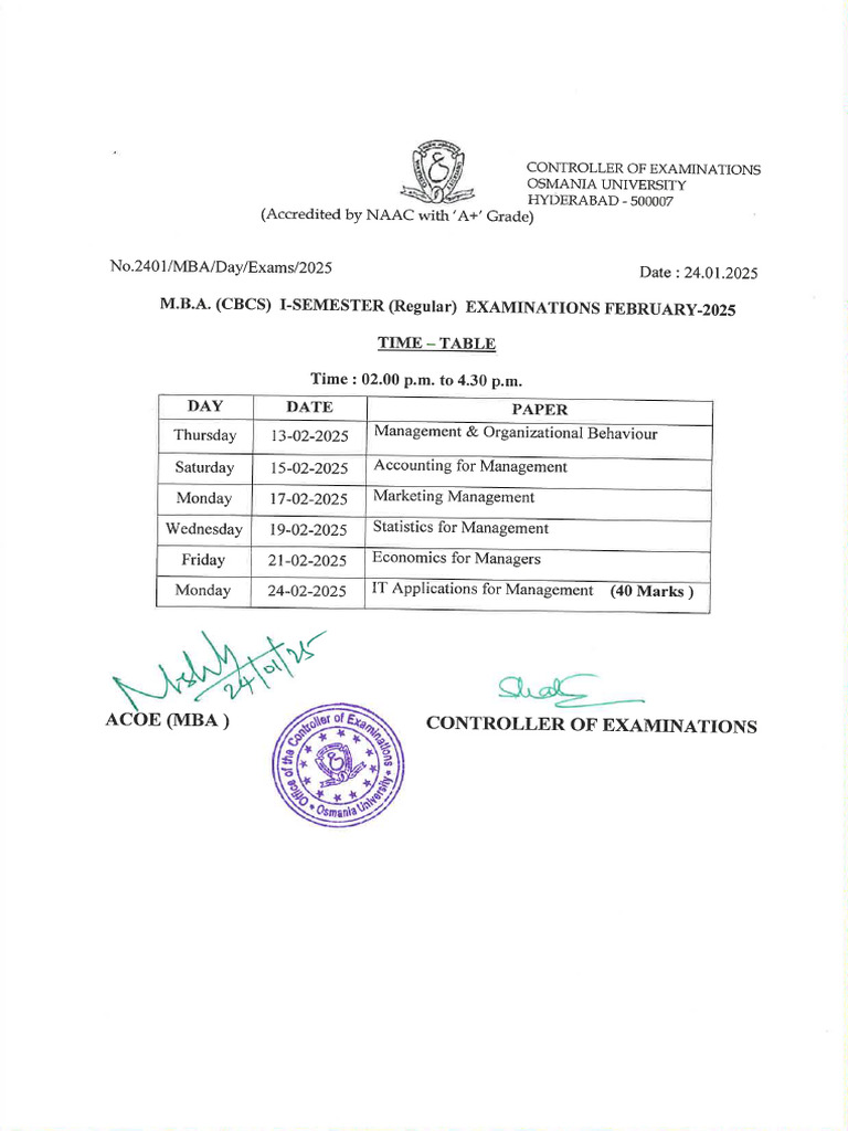 OU MBA I Semester Exams Time Tables - February-2025 | PDF