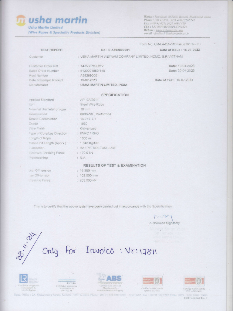Steel Wire Rope - Test Report | PDF