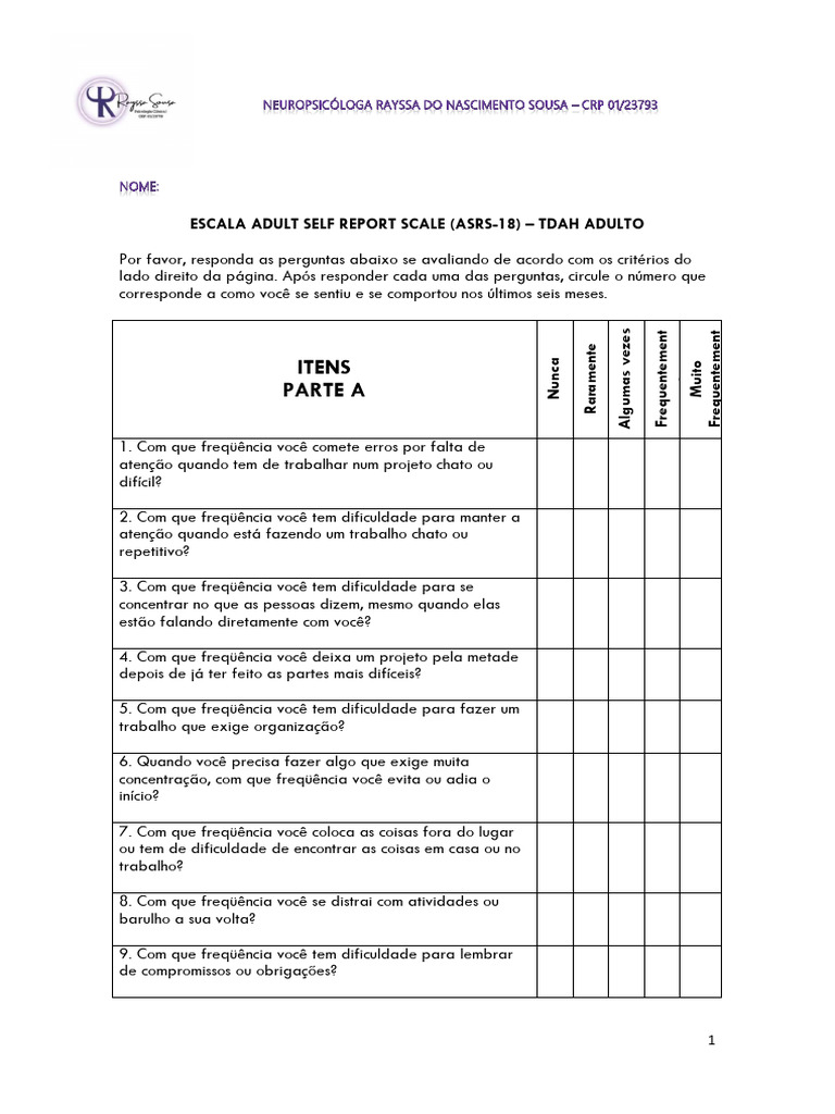 Escala Adult Self Report - Paciente Responder | PDF | Transtorno de ...