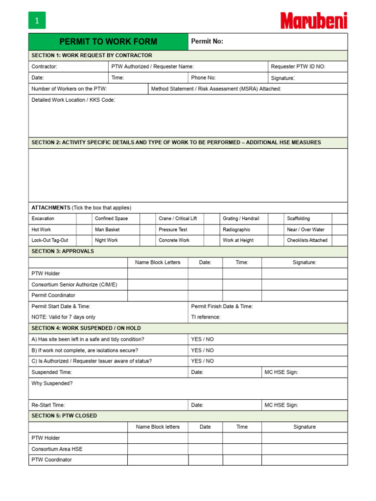 Permit To Work Form - PTW Procedure Rev. 4 | PDF