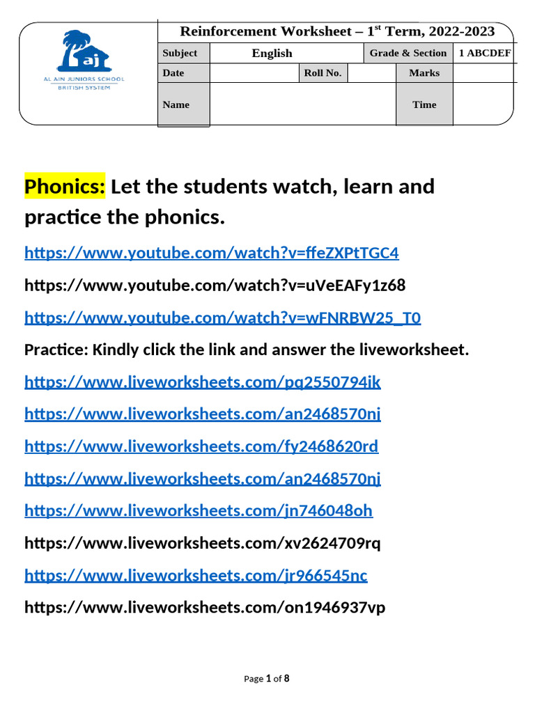 REINFORCEMENT WORKSHEET English | PDF