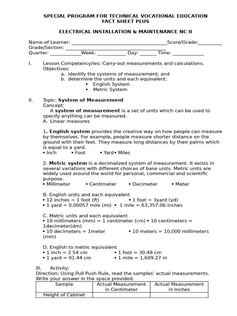Common - Uc2 - Lo.2.2-Fact Sheet | PDF | Foot (Unit) | Inch