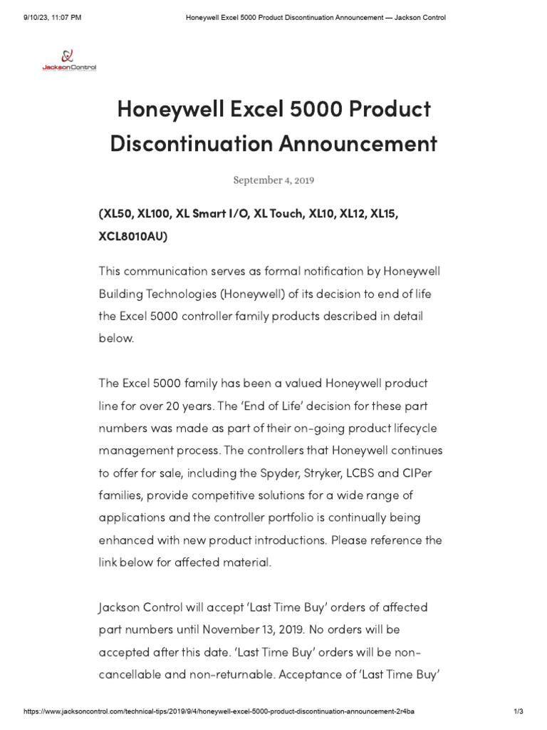 Honeywell Excel 5000 Product Discontinuation Announcement - Jackson ...