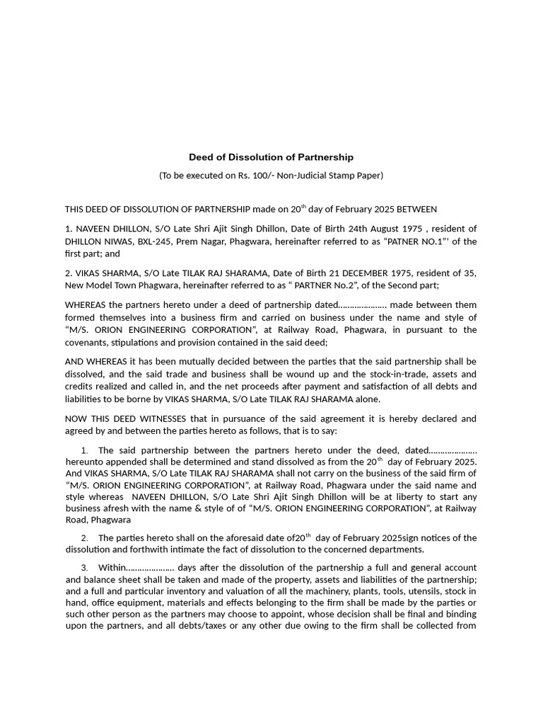 Partnership Dissolution Deed 2025 | PDF | Partnership | Business