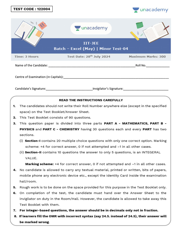 IIT-JEE Excel Minor Test 4 May 122004 Faculty | PDF