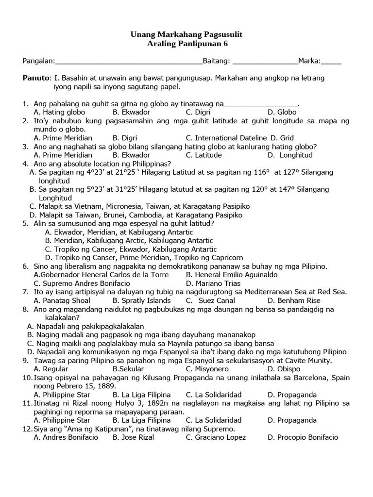 1st PT AP Grade 6 | PDF