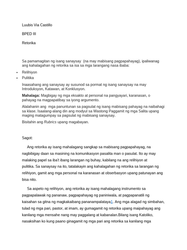 E076-FILI102Gawain 1 (Kahalagahan NG Retorika) | PDF