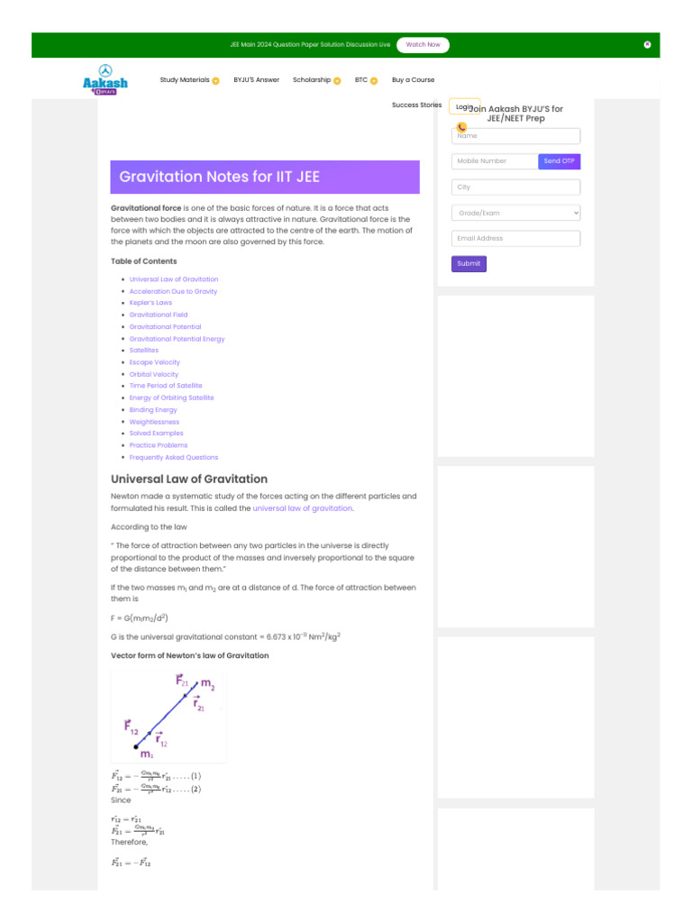 JEE Main 2024 Gravitation Study Guide | PDF | Force | Newton's Law Of ...
