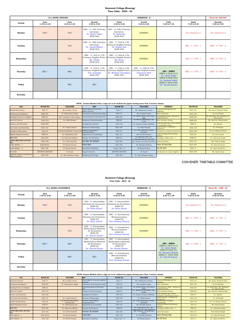 Satyawati College Evening Timetable 2024-25 | PDF