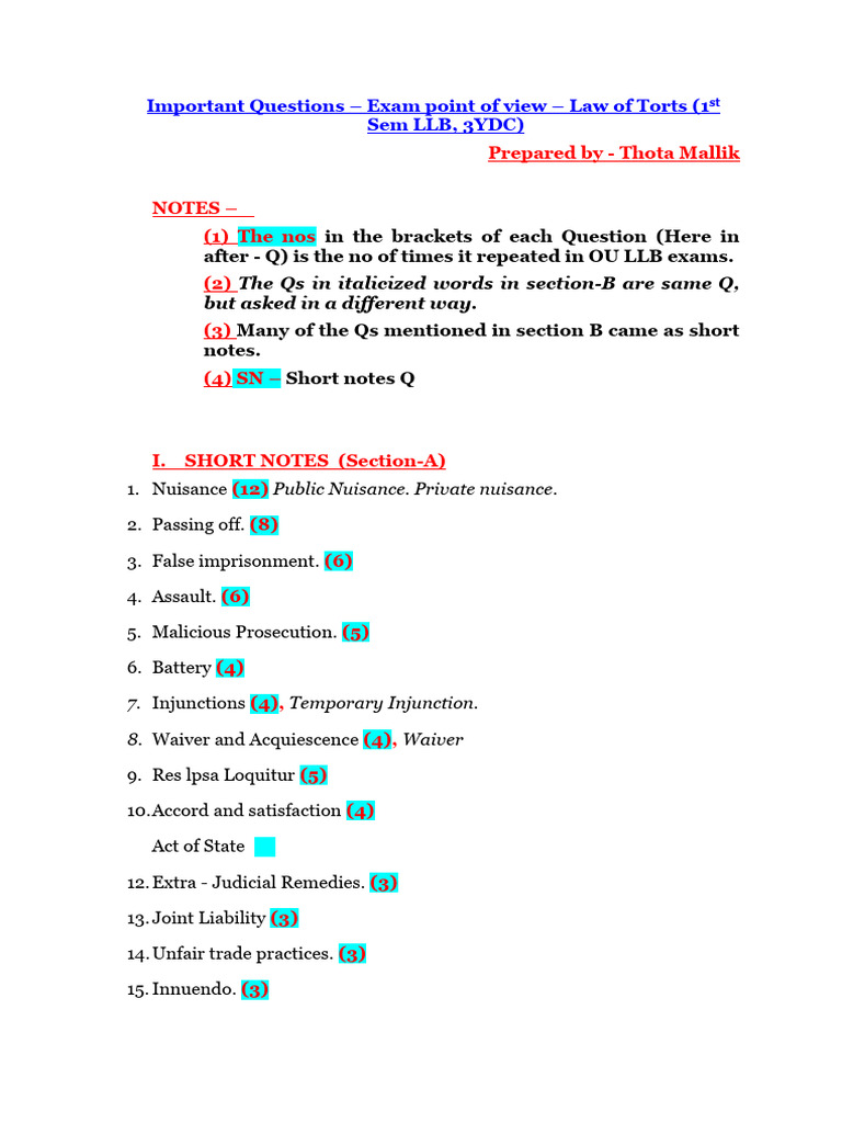 Key Tort Law Exam Questions & Notes | PDF | Tort | Legal Liability