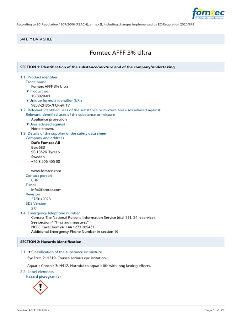 Fomtec AFFF 3% Ultra Safety Data Sheet | PDF | Occupational Safety And Health | Toxicology