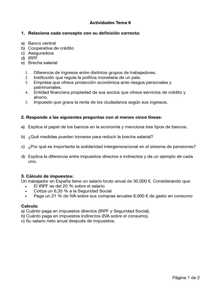Actividades sobre Finanzas y Economía | PDF | Impuestos | Bancos