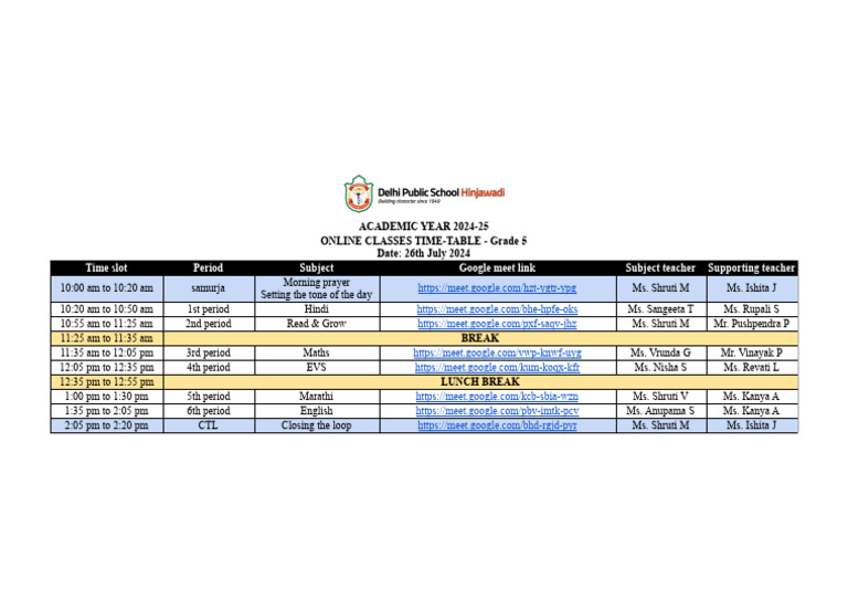 26th July 2024 - Grade 5 Time-Table | PDF