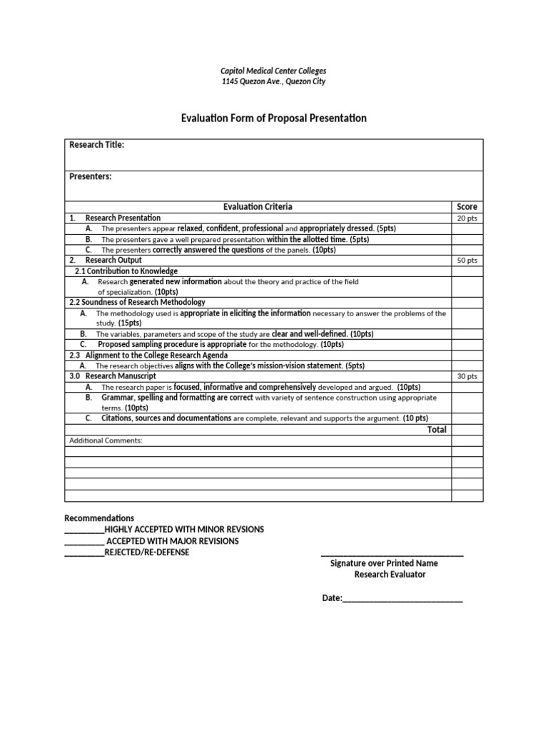 Capitol Medical Center Proposal Evaluation Form | PDF | Methodology ...
