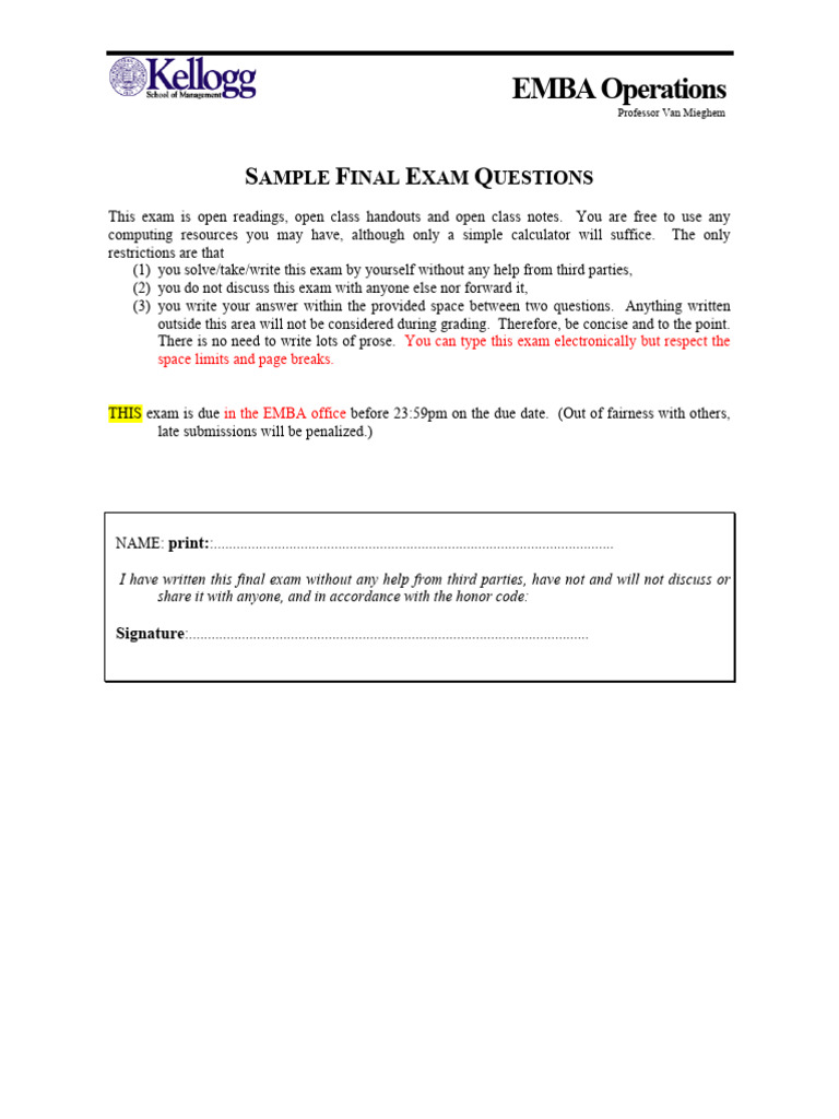 EMBA Final Exam Guidelines and Questions | PDF | Pizza | Inventory